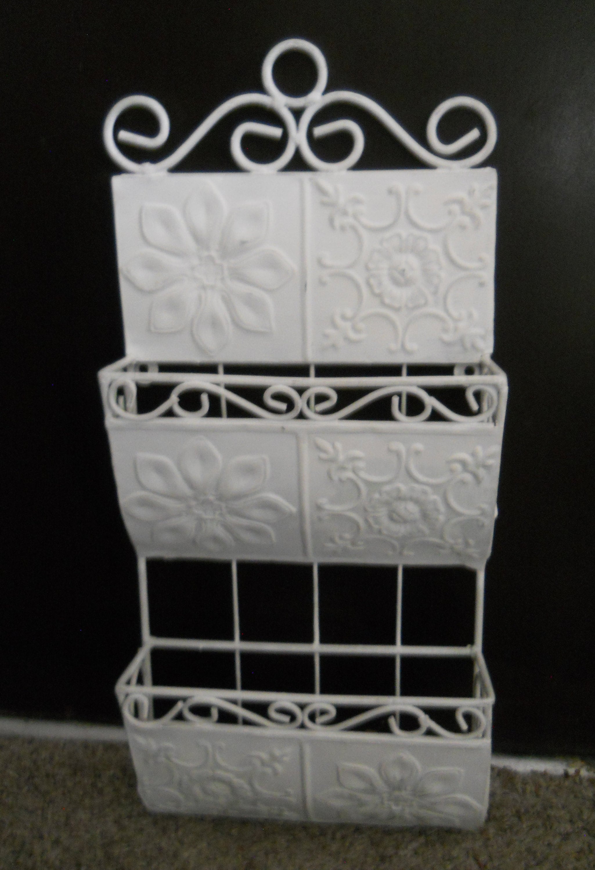 Two Tier Metal Wall Mount Letter Rack Wrought Iron and Raised Tin Fleur ...