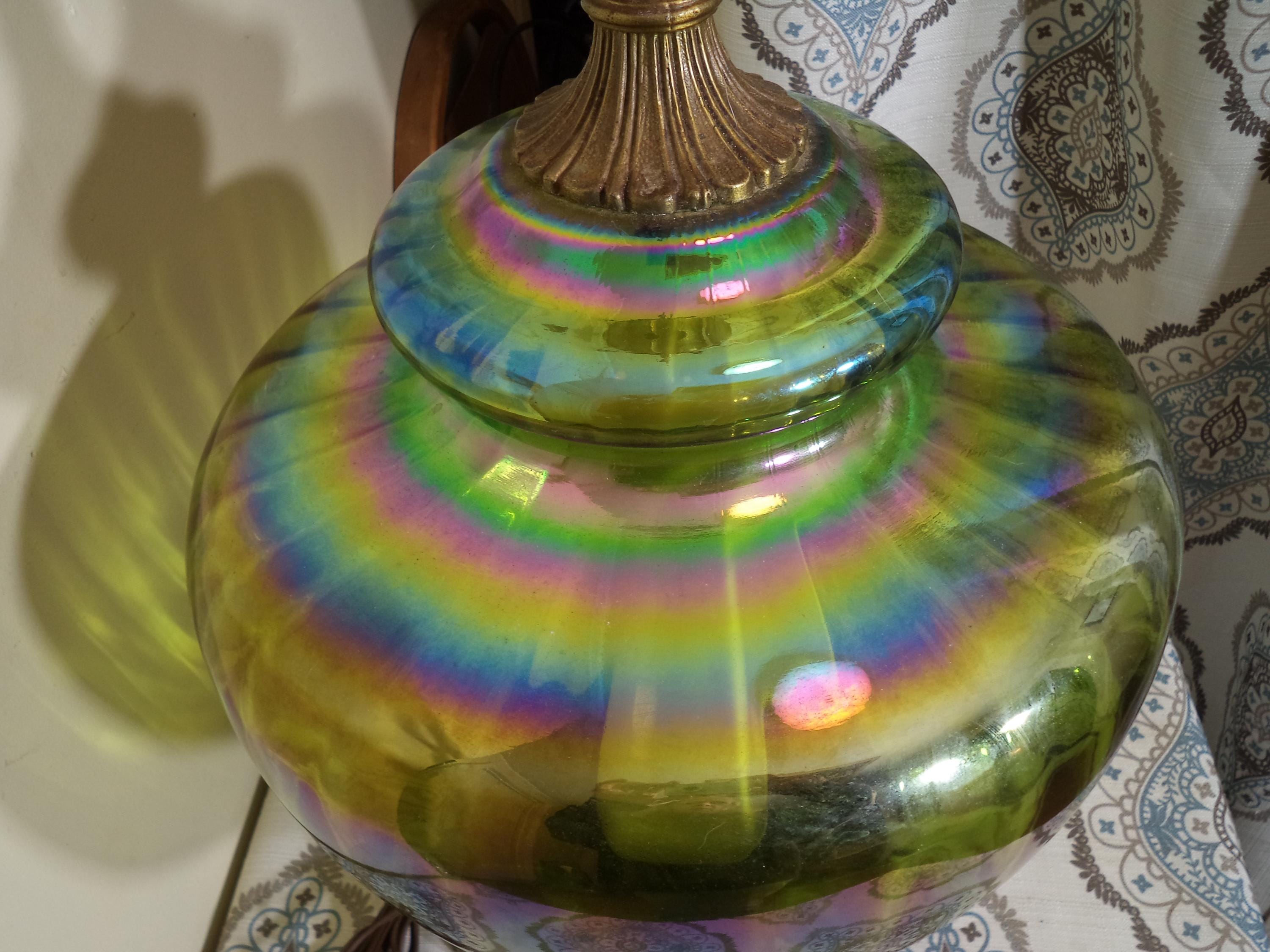 EF & EF Green Carnival Glass and Bronze Table Lamp 1972 - Etsy