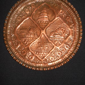 Vintage Copper Tray Turkish Mesopotamia Theme Pressed Hammered Hanging ...