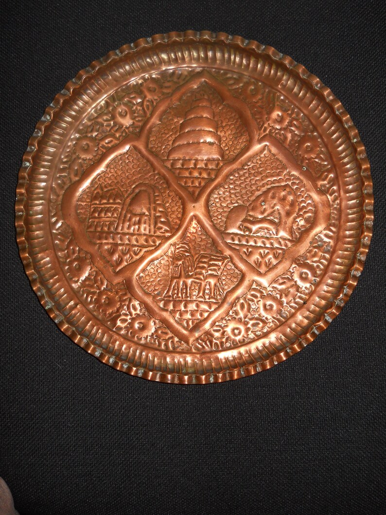 Vintage Copper Tray Turkish Mesopotamia Theme Pressed Hammered Hanging ...