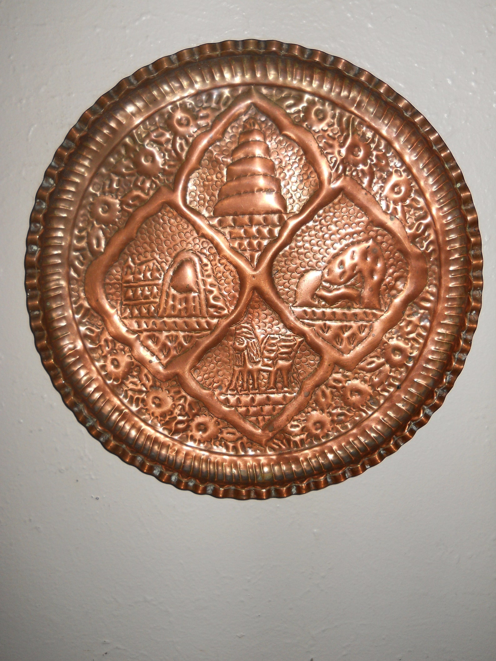 Vintage Copper Tray Turkish Mesopotamia Theme Pressed Hammered Hanging ...