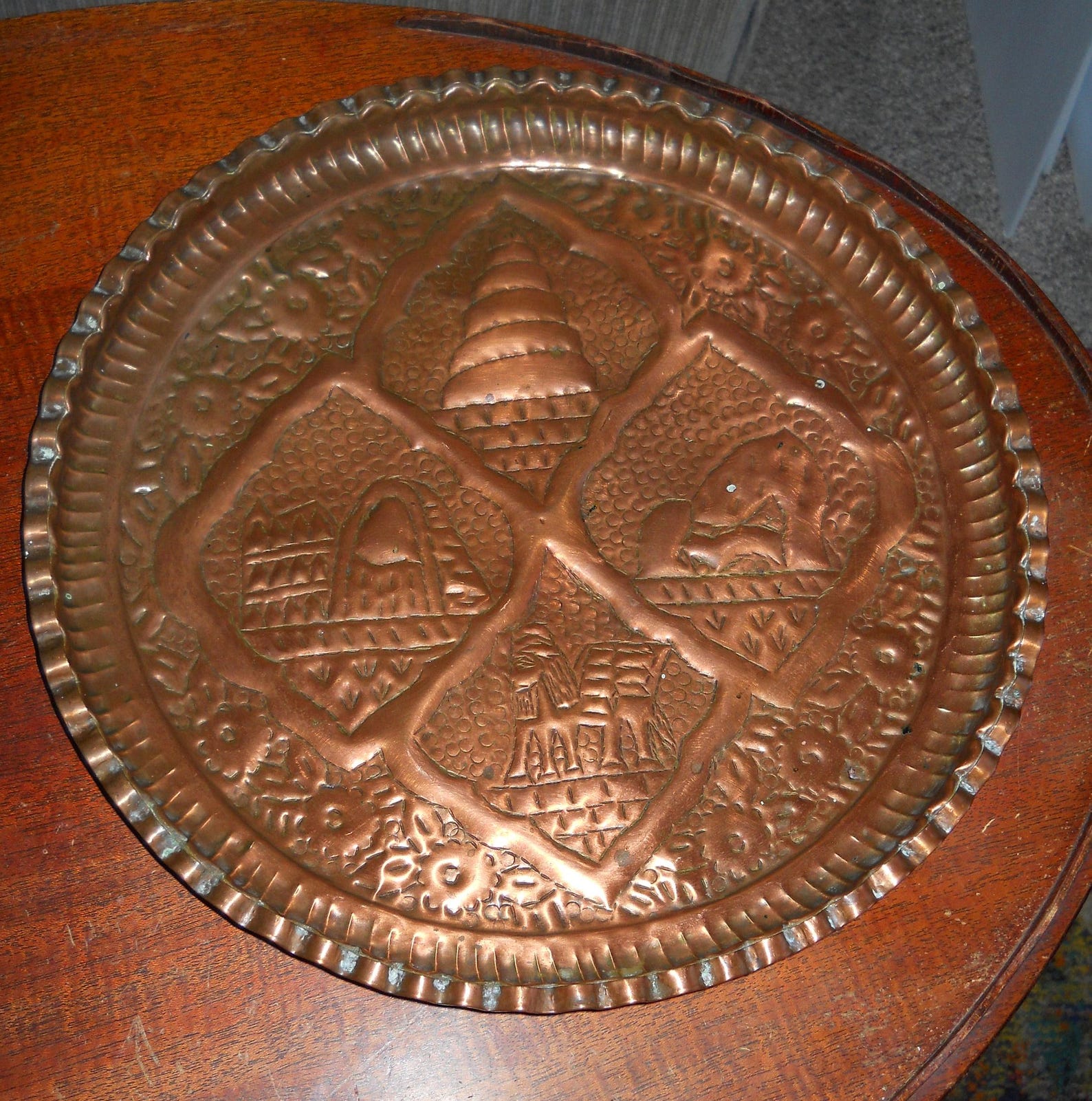 Vintage Copper Tray Turkish Mesopotamia Theme Pressed Hammered Hanging ...