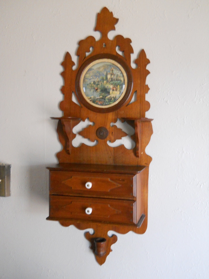 Antique Victorian Cut Out Wall Shelf With 2 Drawers Match Holder and ...