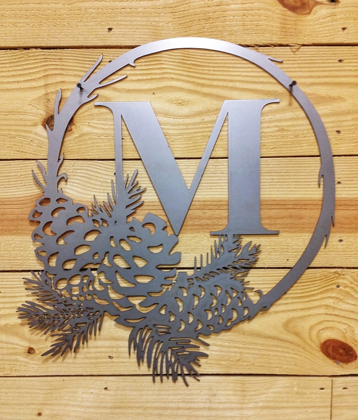24" X 24" Laser Cut Metal Sign With Pine Cone Wreath and Initial - Etsy