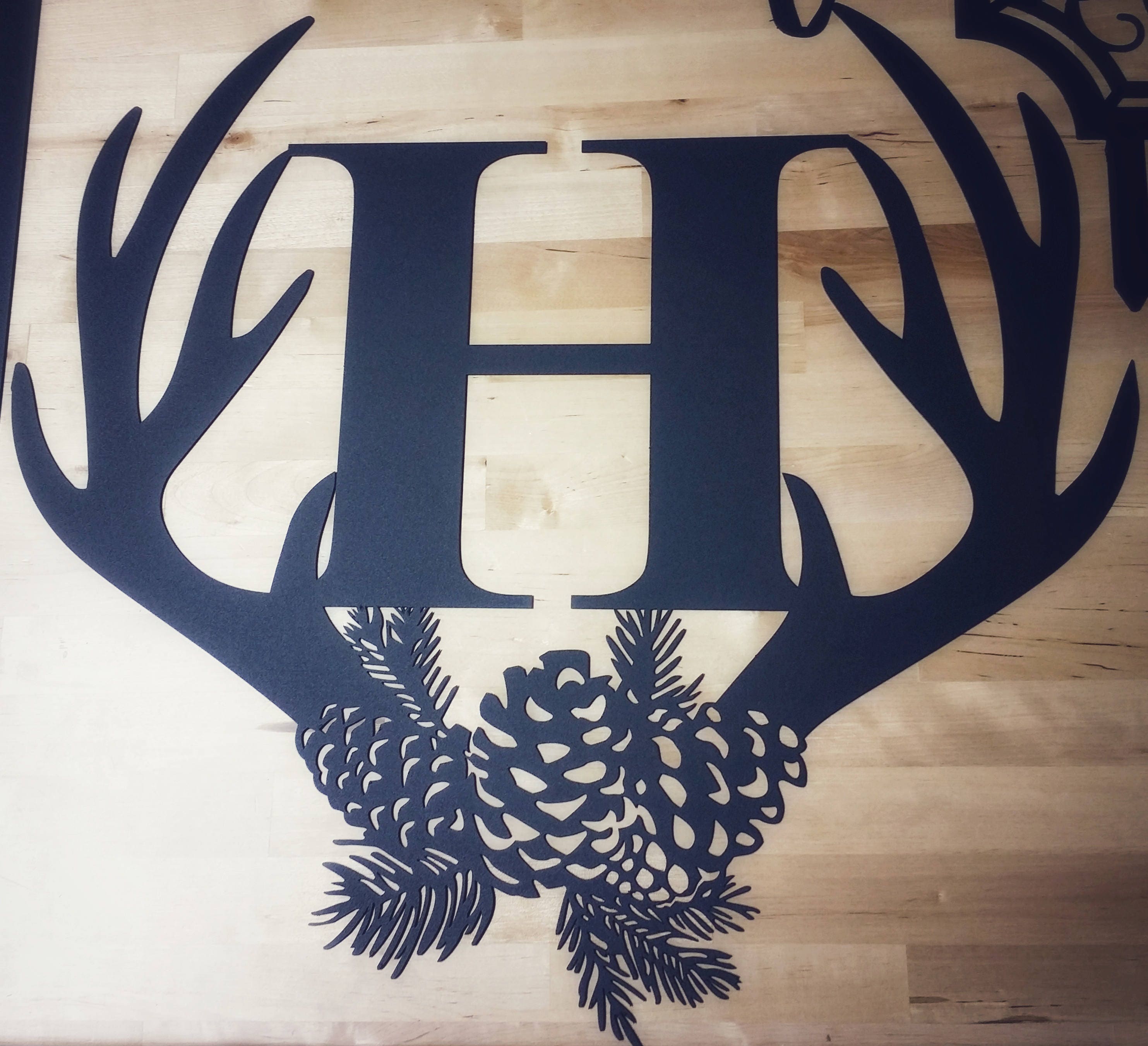 24" X 24" Laser Cut Metal Sign With Pine Cone & Antlers and Initial - Etsy