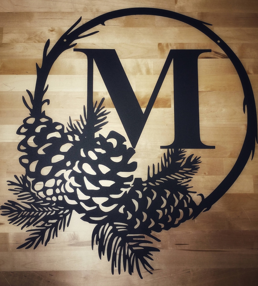 24" X 24" Laser Cut Metal Sign With Pine Cone Wreath and Initial - Etsy