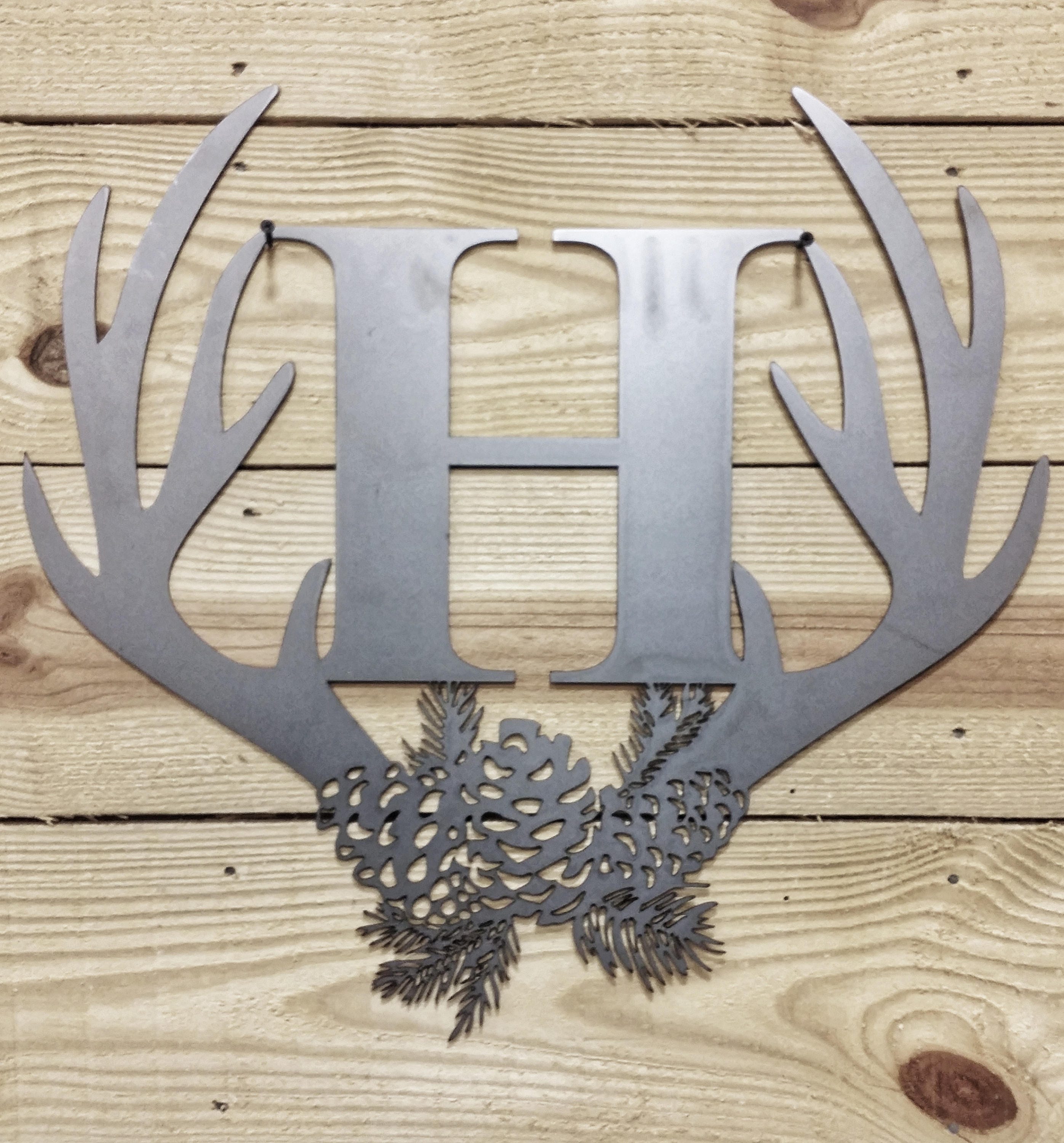 24" X 24" Laser Cut Metal Sign With Pine Cone & Antlers and Initial - Etsy