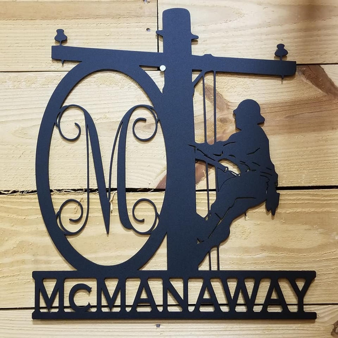 20in Wide X 22in Tall Laser Cut Steel Lineman Sign With Monogram Letter ...