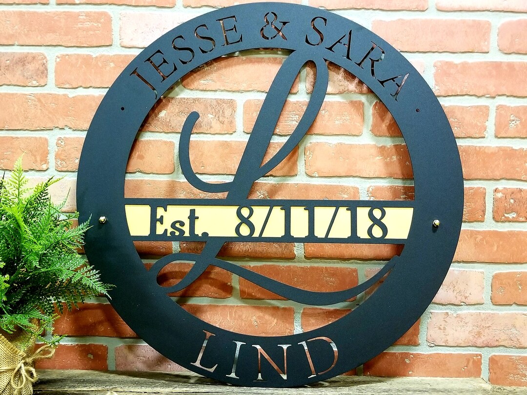 24" Laser Cut Round Metal Sign With Initial, Names, and Est Date With ...