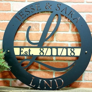 24" Laser Cut Round Metal Sign With Initial, Names, and Est Date With ...