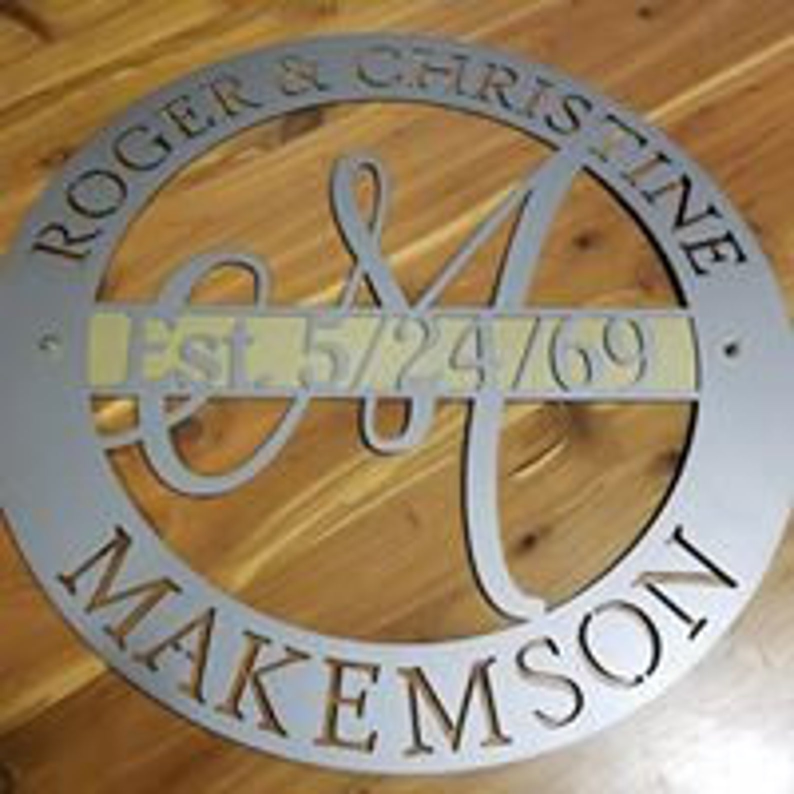 24" Laser Cut Round Metal Sign With Initial, Names, and Est Date With ...