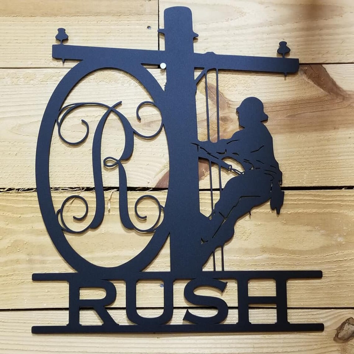 20in Wide X 22in Tall Laser Cut Steel Lineman Sign With Monogram Letter ...