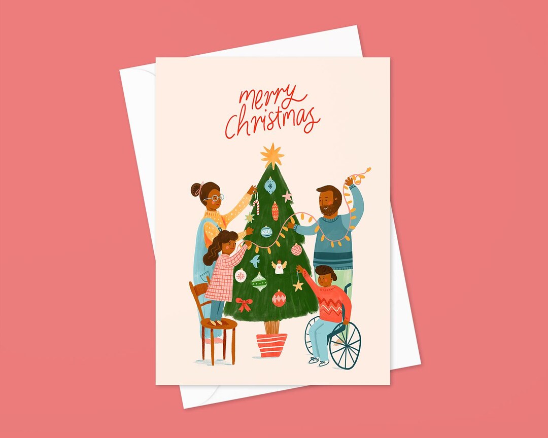 Christmas Card Merry Christmas Cute Family Decorating Tree. Diverse ...