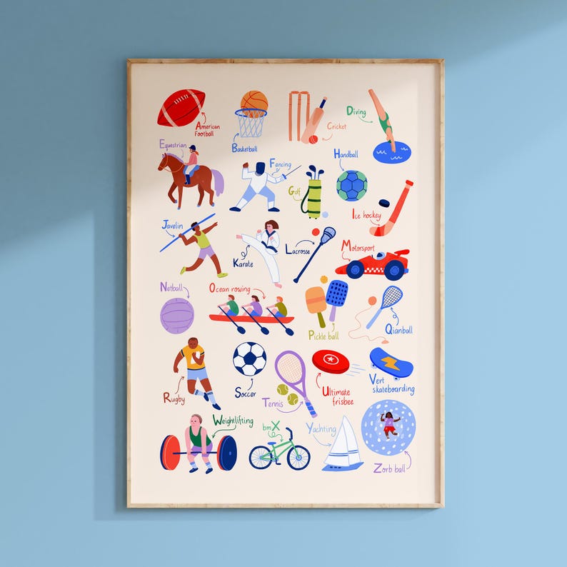 Sport Alphabet Poster for Children's Nursery. ABC Bright Watercolour ...
