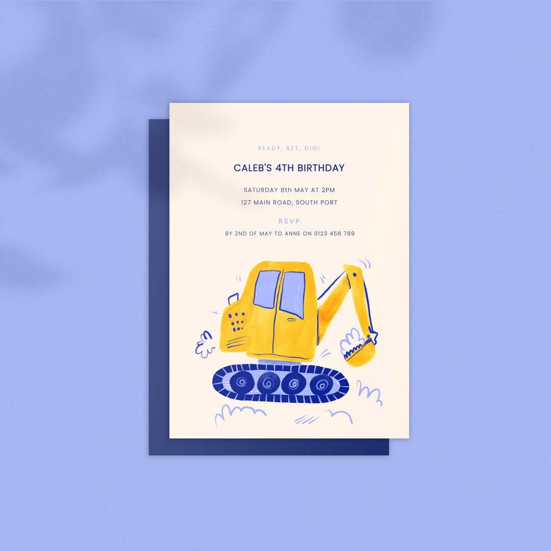 Digger Birthday Party Invitation: Excavator Construction Vehicle Invite ...
