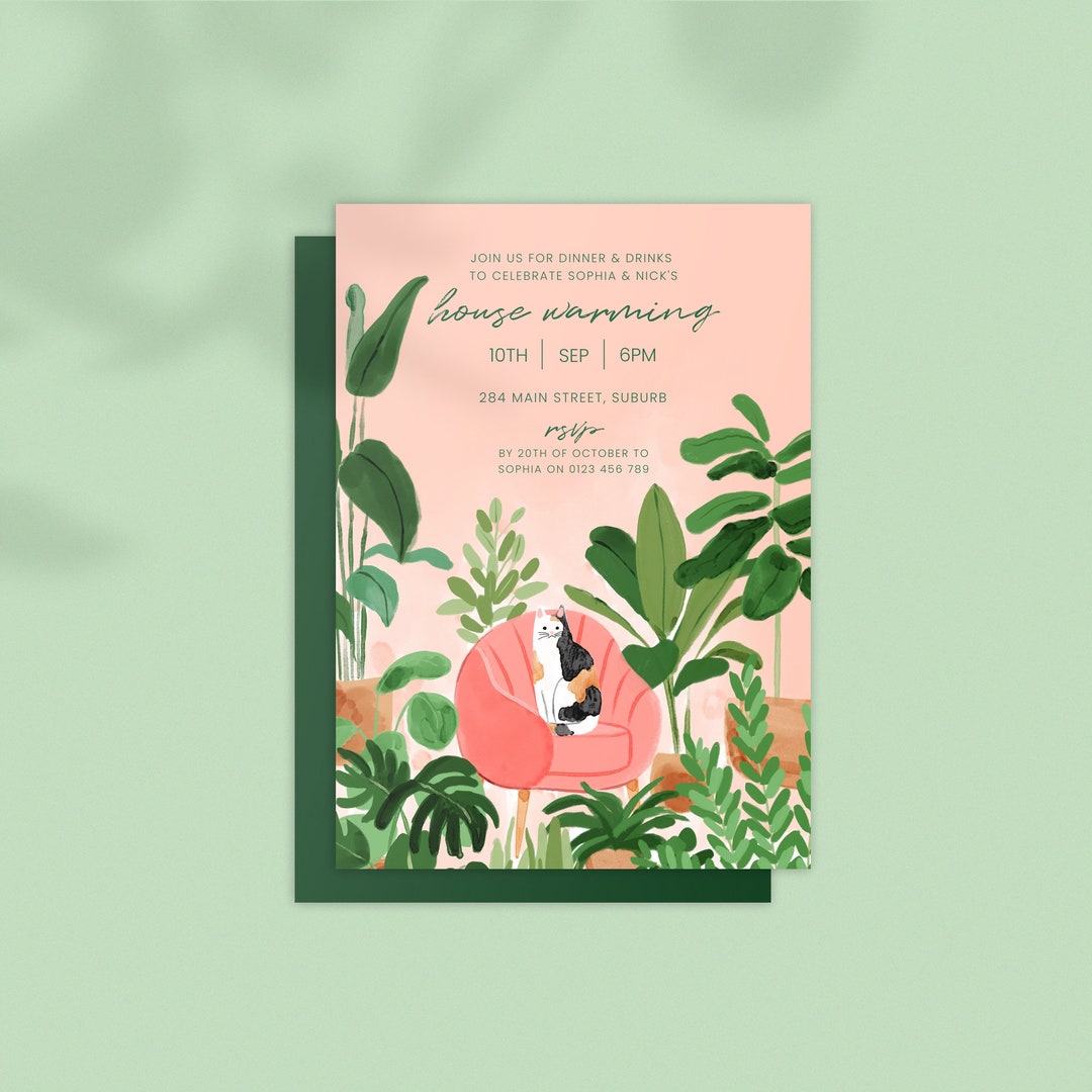 Housewarming Invitation: Indoor Plants. Cat. Indoor Garden. Green ...