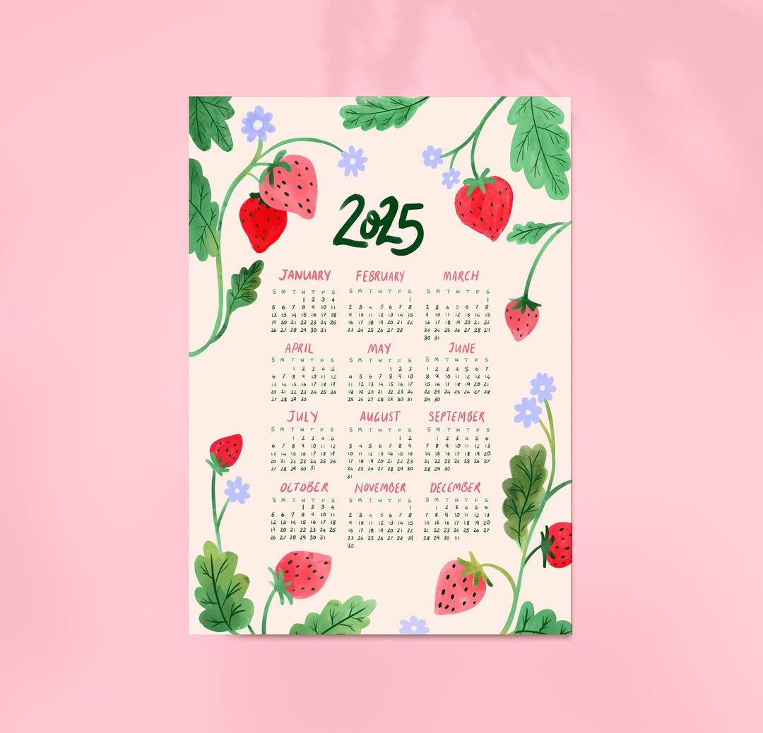 2025 Printable Calendar. Watercolour Strawberries and Flower Calendar ...