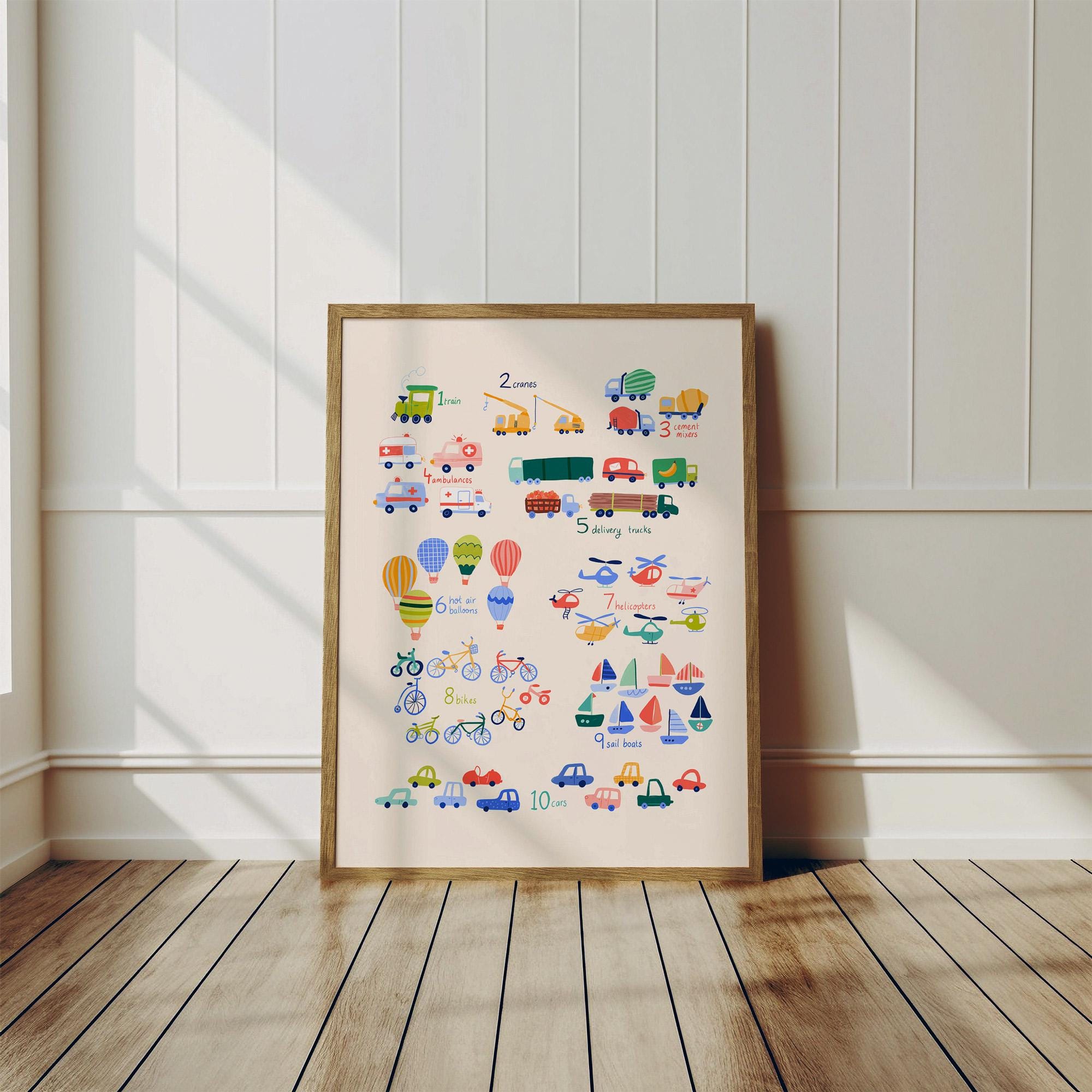 Transport Numbers Poster for Children's Nursery. Bright Watercolour ...