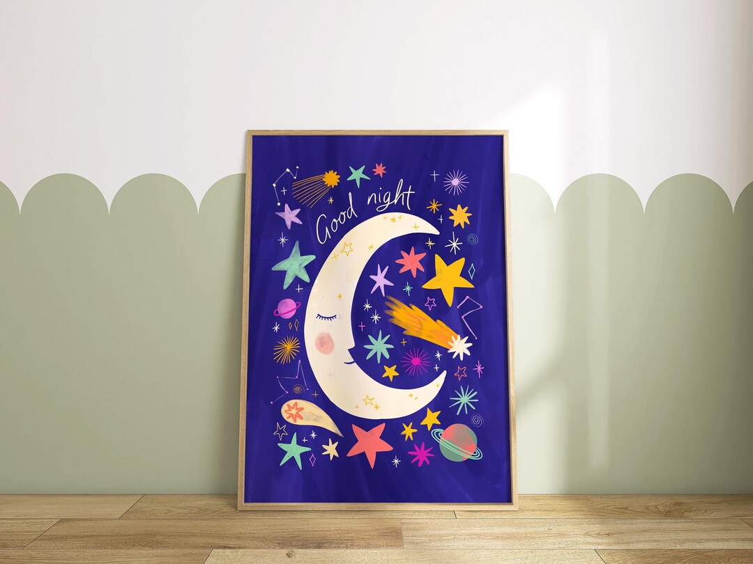 Goodnight Moon and Stars Print for Nursery or Kids Bedroom. Bright and ...