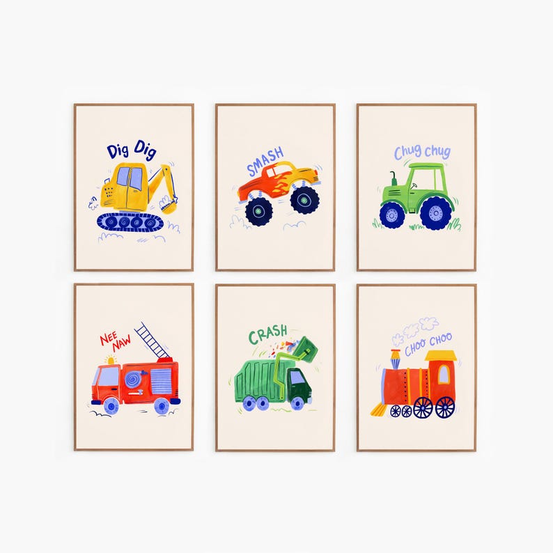 Kids Vehicle Print Set of 6: Truck, Digger, Tractor, Train Wall Art ...