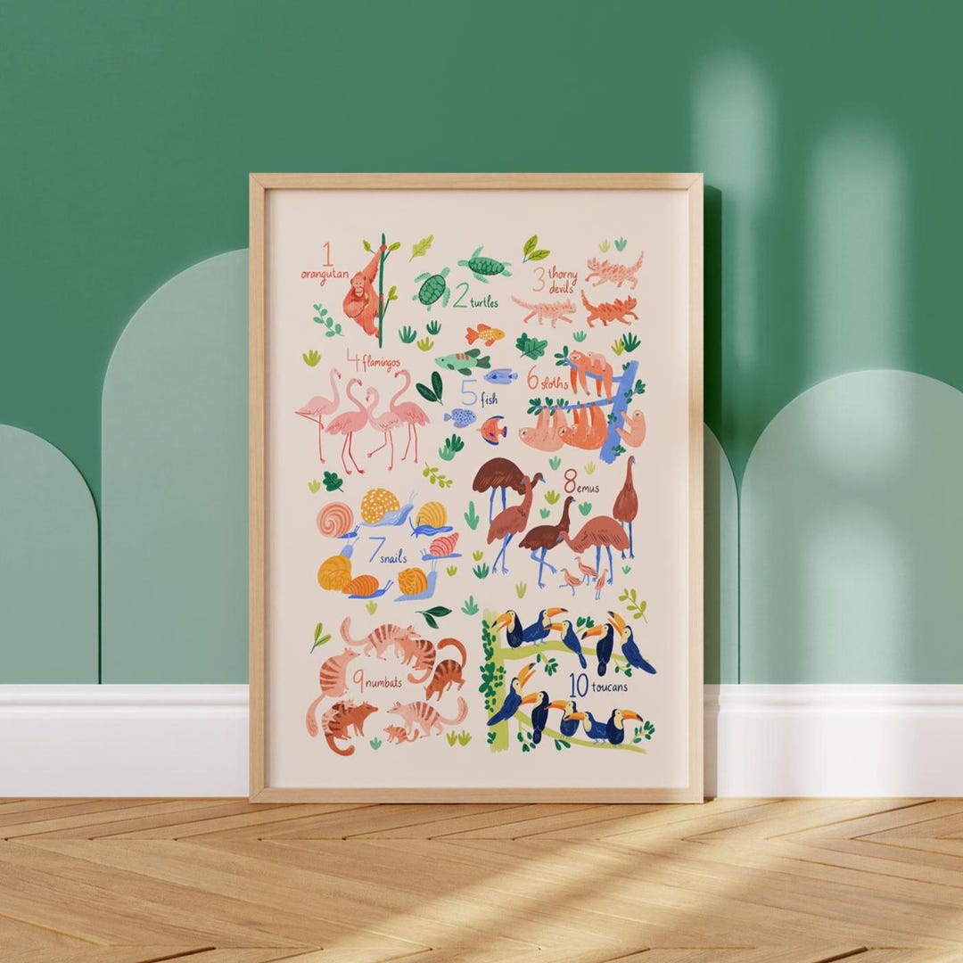 Animal Numbers Poster for Children's Nursery. 1-10 Bright Watercolour ...