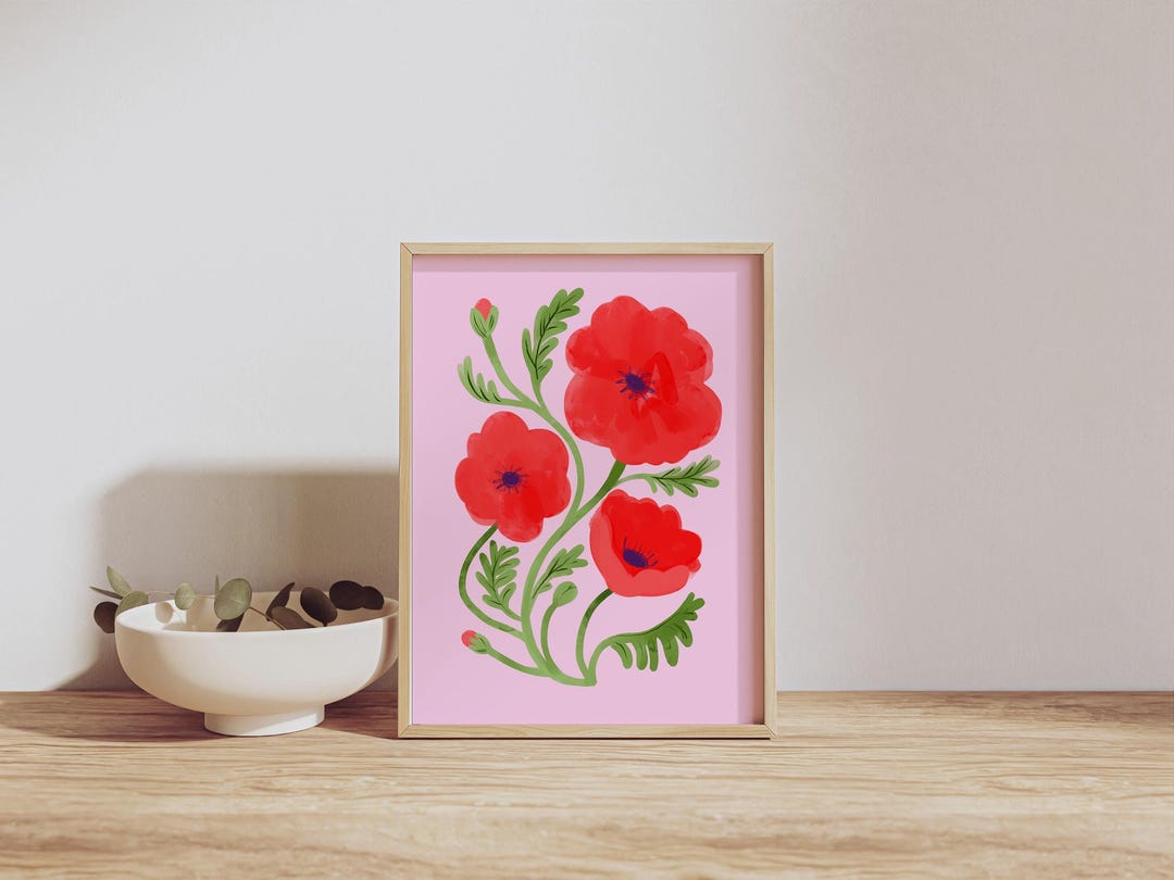 Printable Poppy Floral Print, Flower Wall Art. Pink and Red Flower Art ...