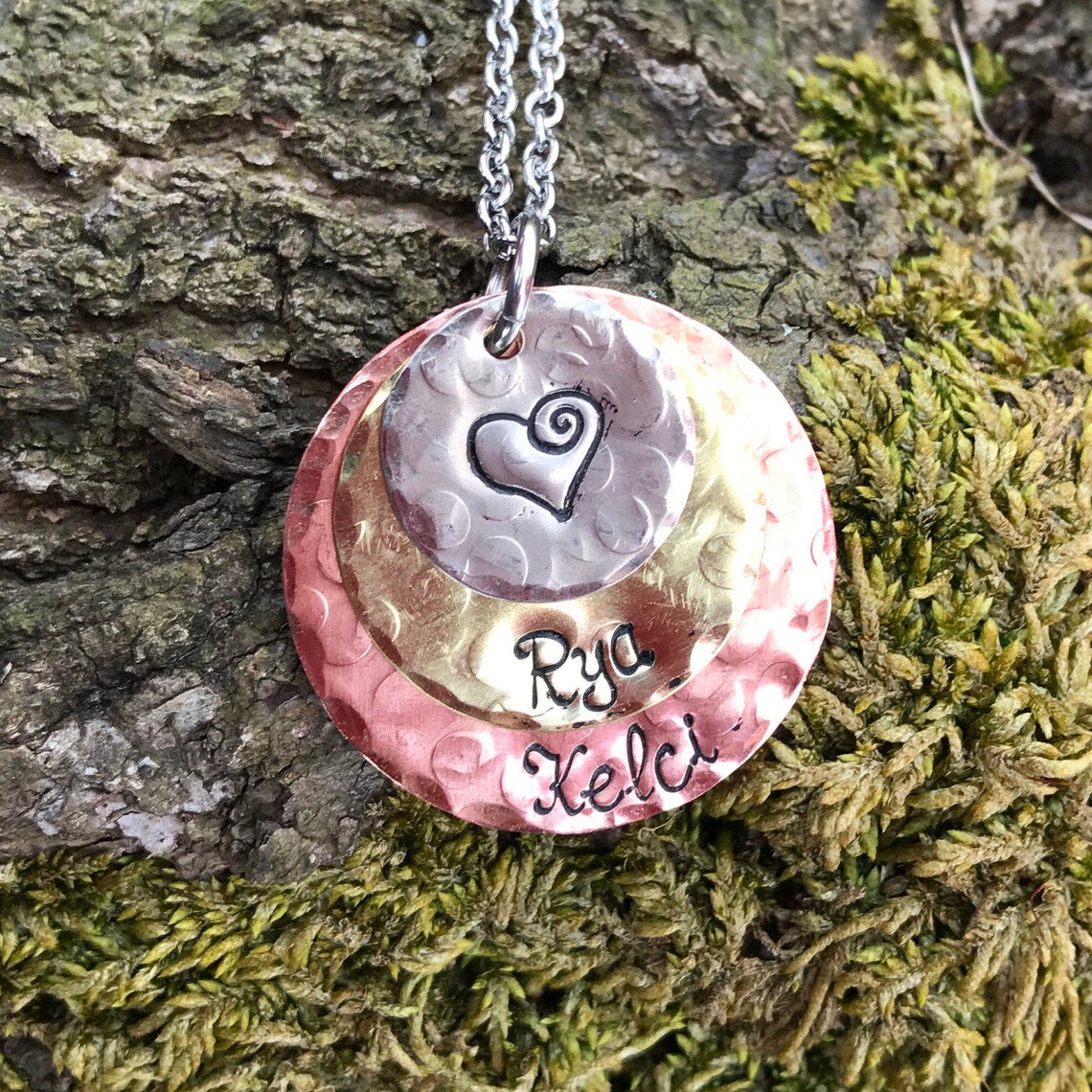 3 Tier Round Hand Stamped Pendant - Three Layered Necklace Handmade ...