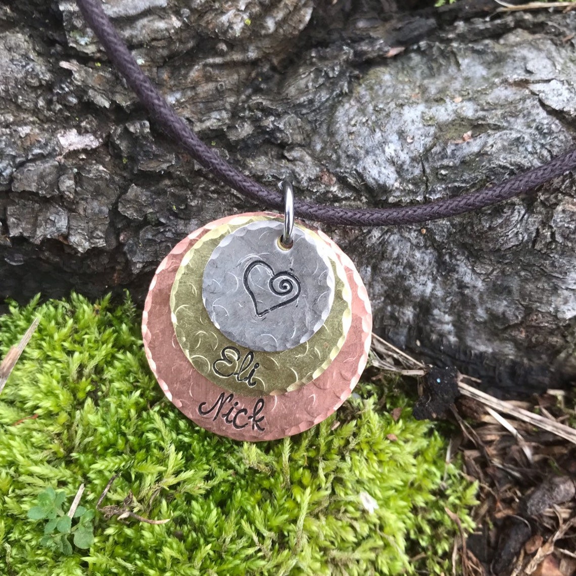 3 Tier Round Hand Stamped Pendant - Three Layered Necklace Handmade ...