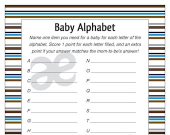 Blue Brown Alphabet Baby Shower Boy Game, Teddy Bear A-Z Guessing Baby ...