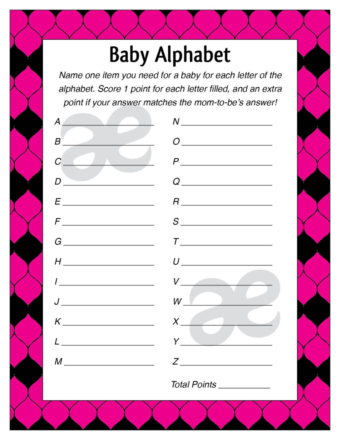 Printable Shower Game: Baby Alphabet - Instant Download Pink Black - Etsy