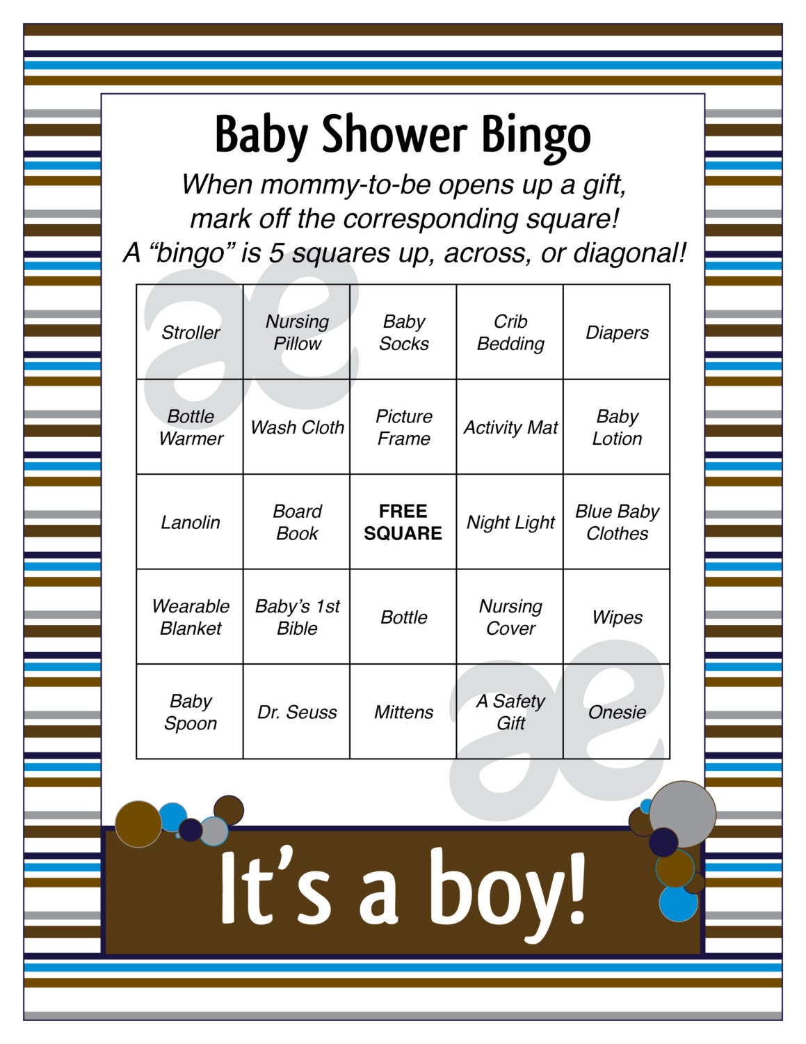 Printable Baby Boy Shower Activity: Baby Shower Bingo - Instant ...