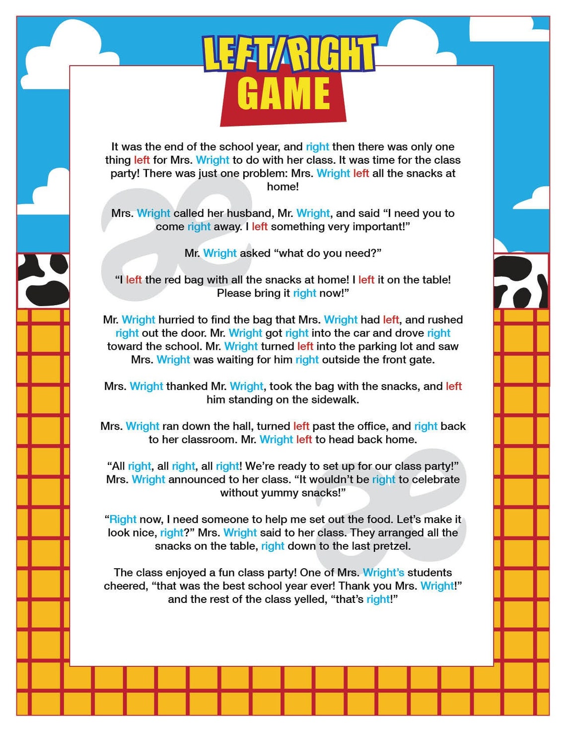 Printable End of School Game: Left Right Game - Instant Download Toy ...