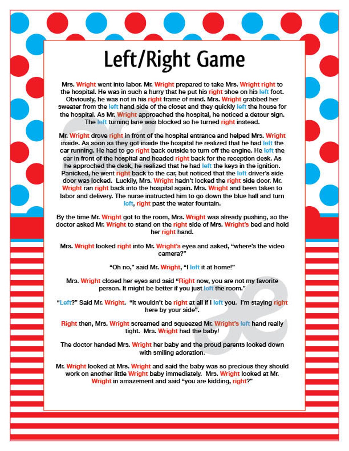 Printable Shower Game: Left Right Game - Instant Download Seuss - Etsy