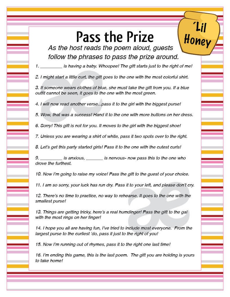 Printable Baby Girl Shower Activity: Pass the Prize - Instant Download ...