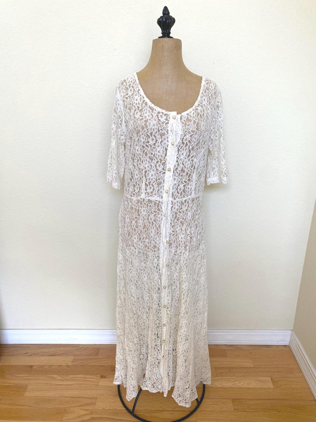 Vintage 1980s Sheer Lace Dress Duster off White Maxi Button Front - Etsy