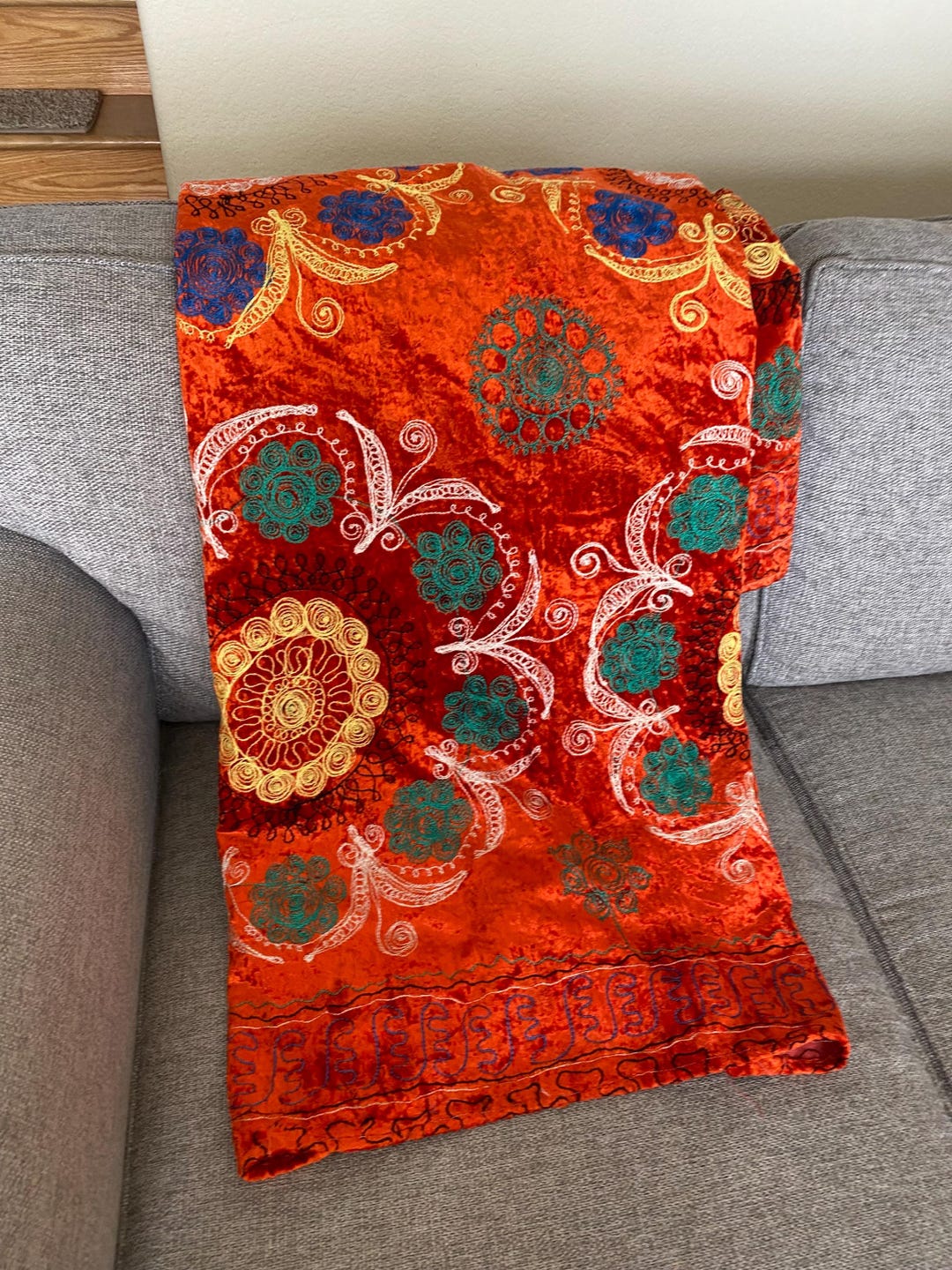 Vintage Crushed Velvet Throw, Red With Colorful Embroidery Bohemian - Etsy