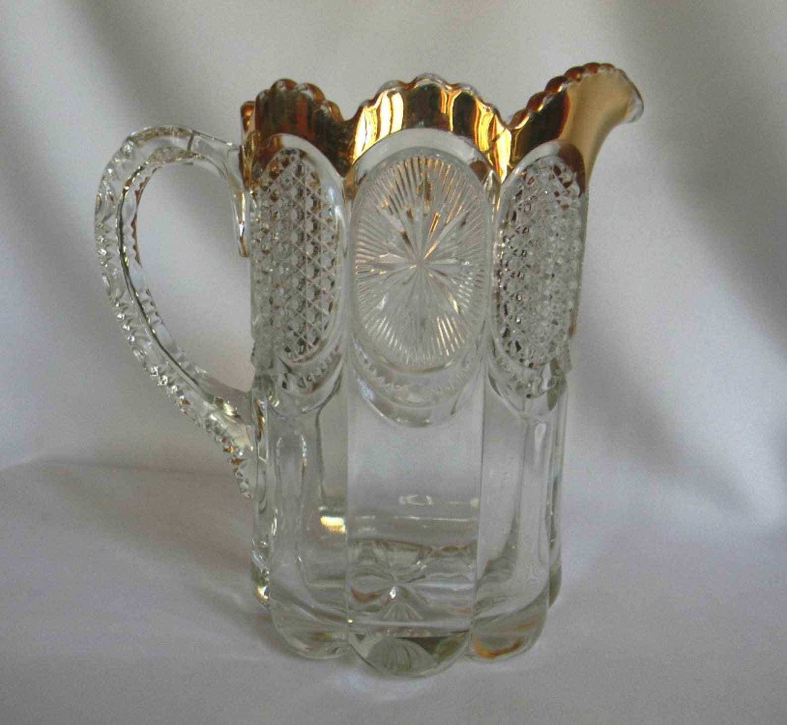 Vintage Pressed Glass Gold Trimmed Pitcher And Tumbler Set Etsy