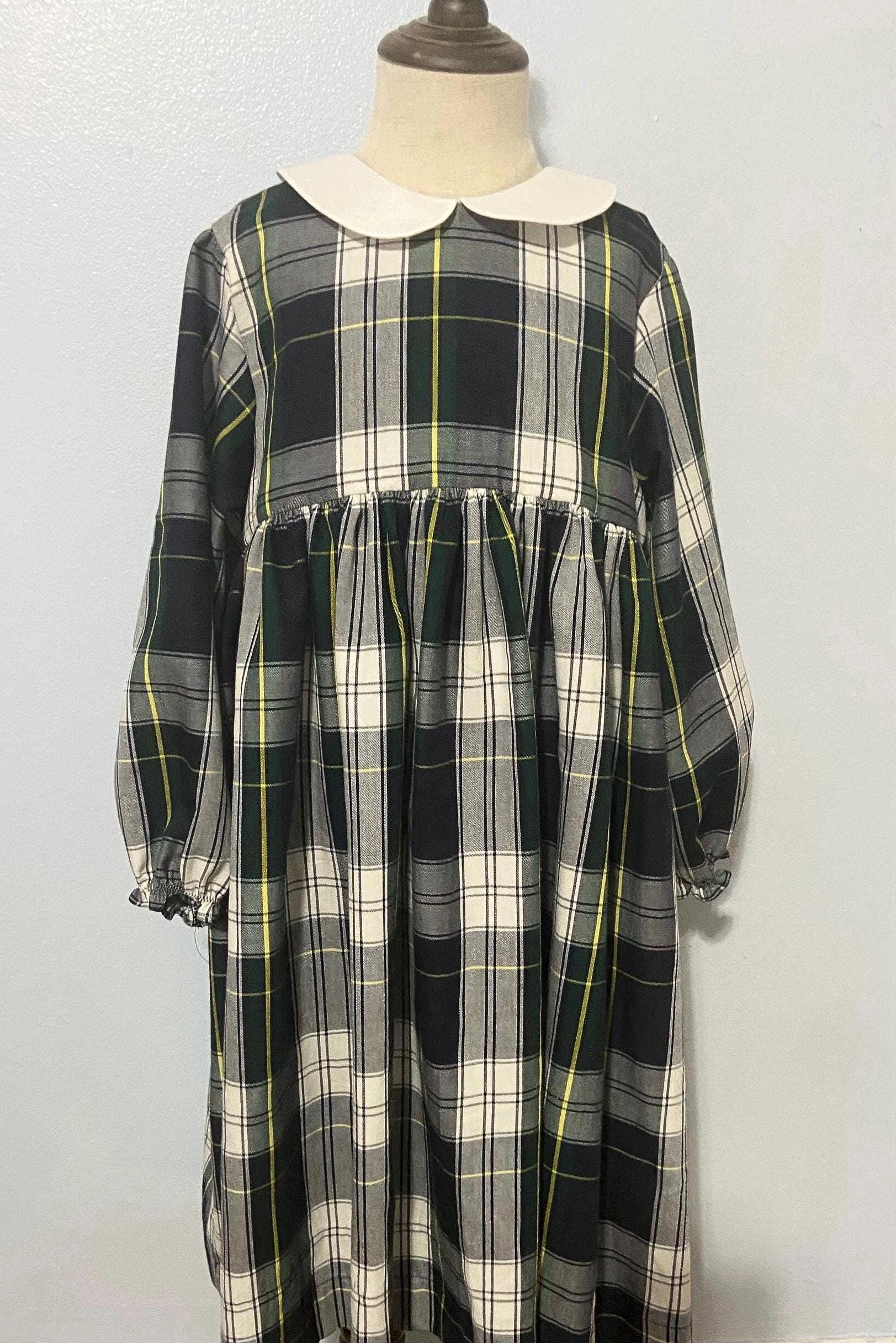 Tartan Plaid Girls Dress, Peter Pan Collar Long Sleeve Dress, White ...