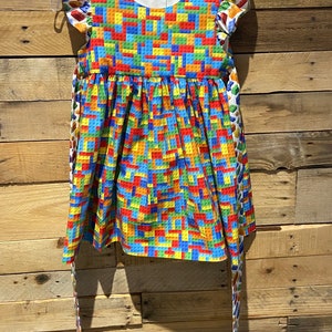 Building Block Girls Dress, Flutter Sleeve Building Block Dress, Retro ...