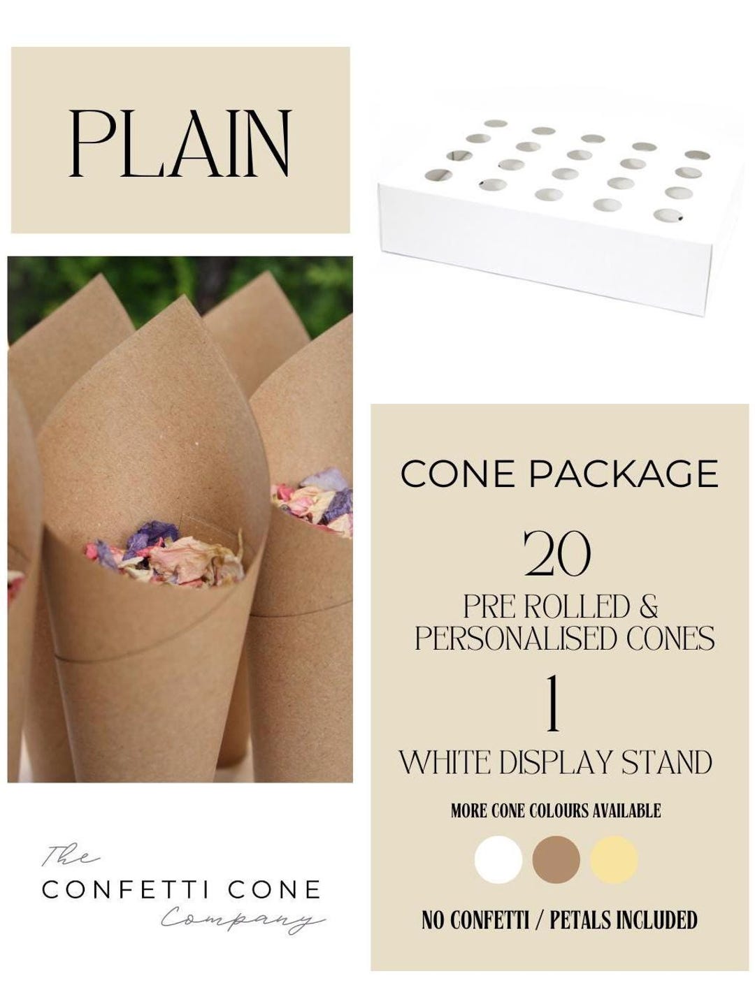 Wedding Confetti Cones and Display Stand. 20 Plain Style Pre Rolled ...