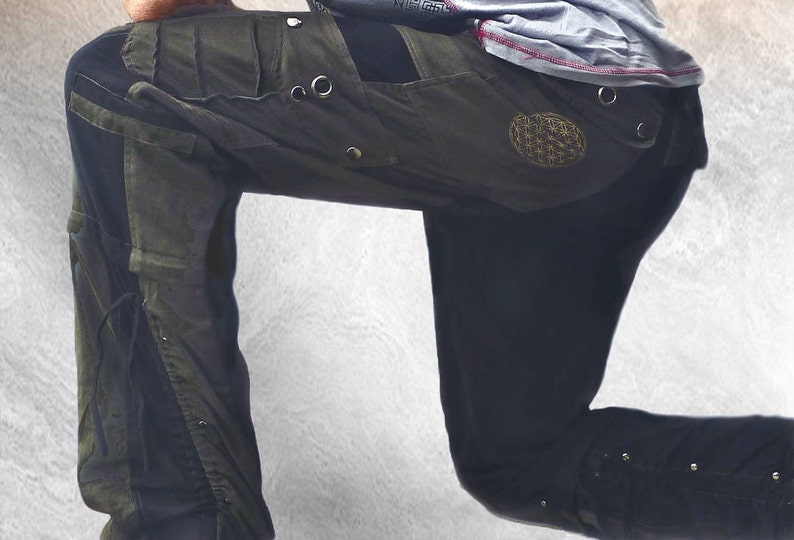 Mens Flower of Life Pants, Black & Grey, Adjustable Waist and Length ...