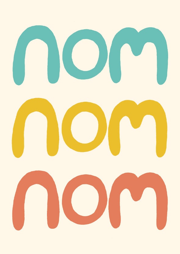 Typographic Print hand lettering kitchen art nom nom nom | Etsy