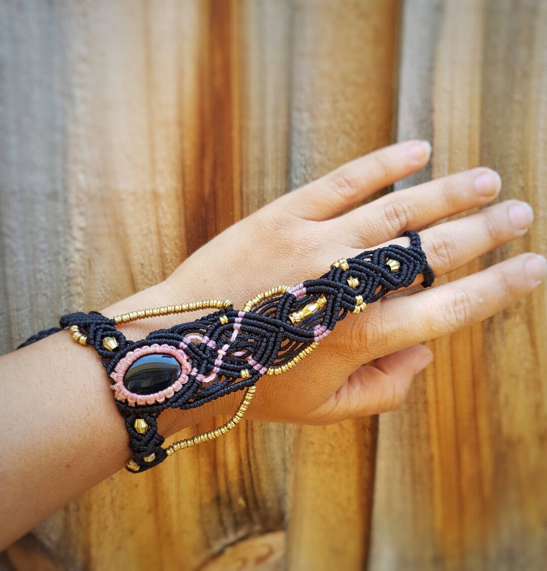 Macrame Slave Bracelet, Bohemian Barefoot Sandal, Black Onyx Healing ...