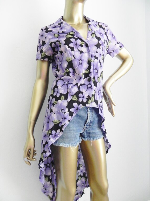 vintage purple floral duster \ fishtail top \ vibrant… - Gem