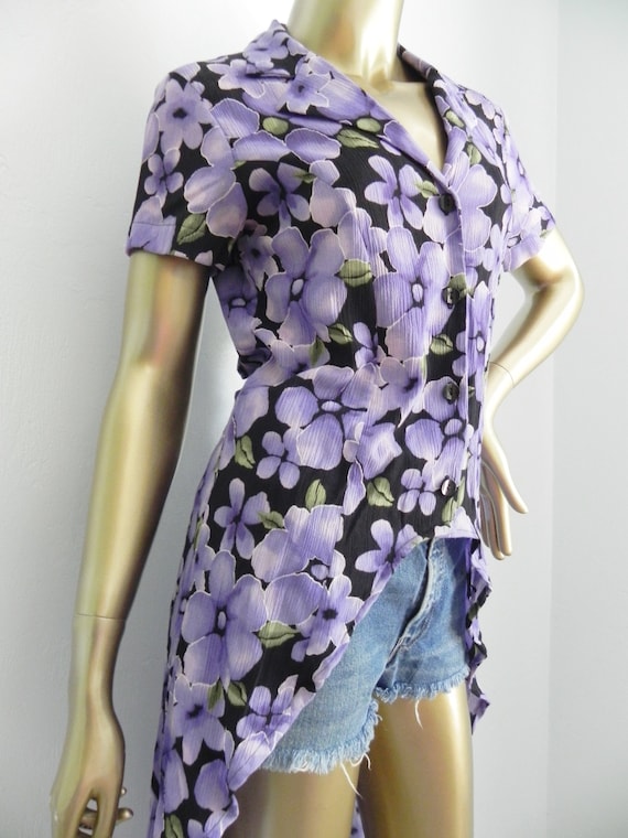 vintage purple floral duster \ fishtail top \ vibrant… - Gem