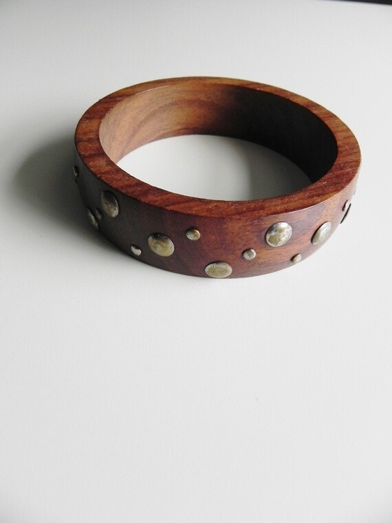 Chunky Wooden Bangle Brass Inlay Panel Vintage 1980s … - Gem