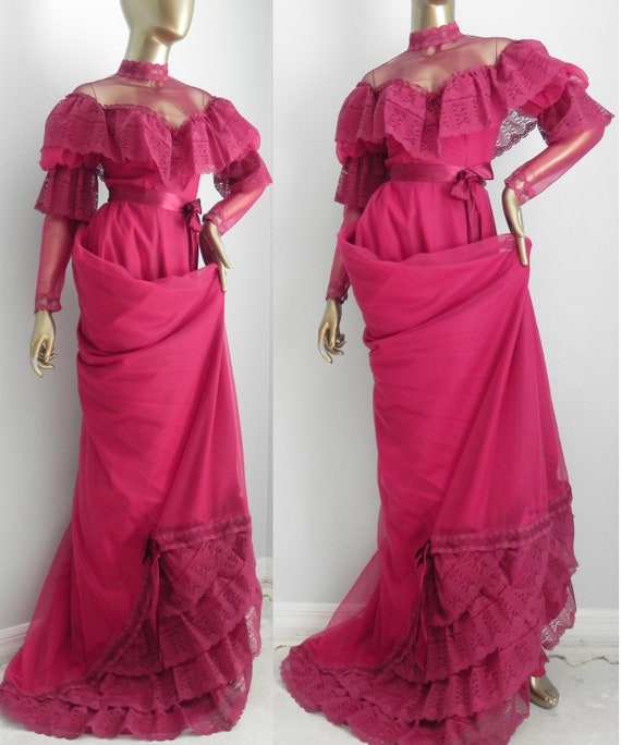 vintage maroon ball gown \ dark raspberry ruffle and … - Gem
