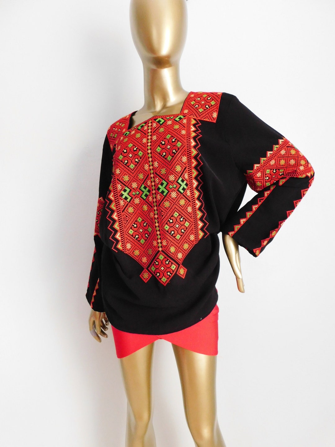 Vintage Black Embroidered Tunic Arabic Top Loose Black Shirt - Etsy