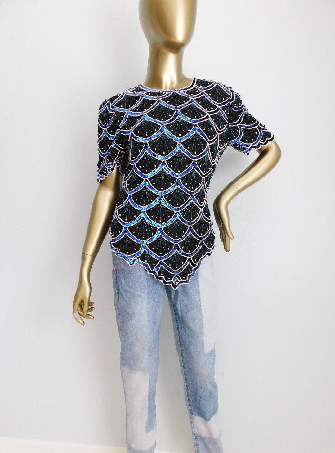 Vintage Sequin & Bead Blouse \ Scallop Design Mermaid Blouse ...