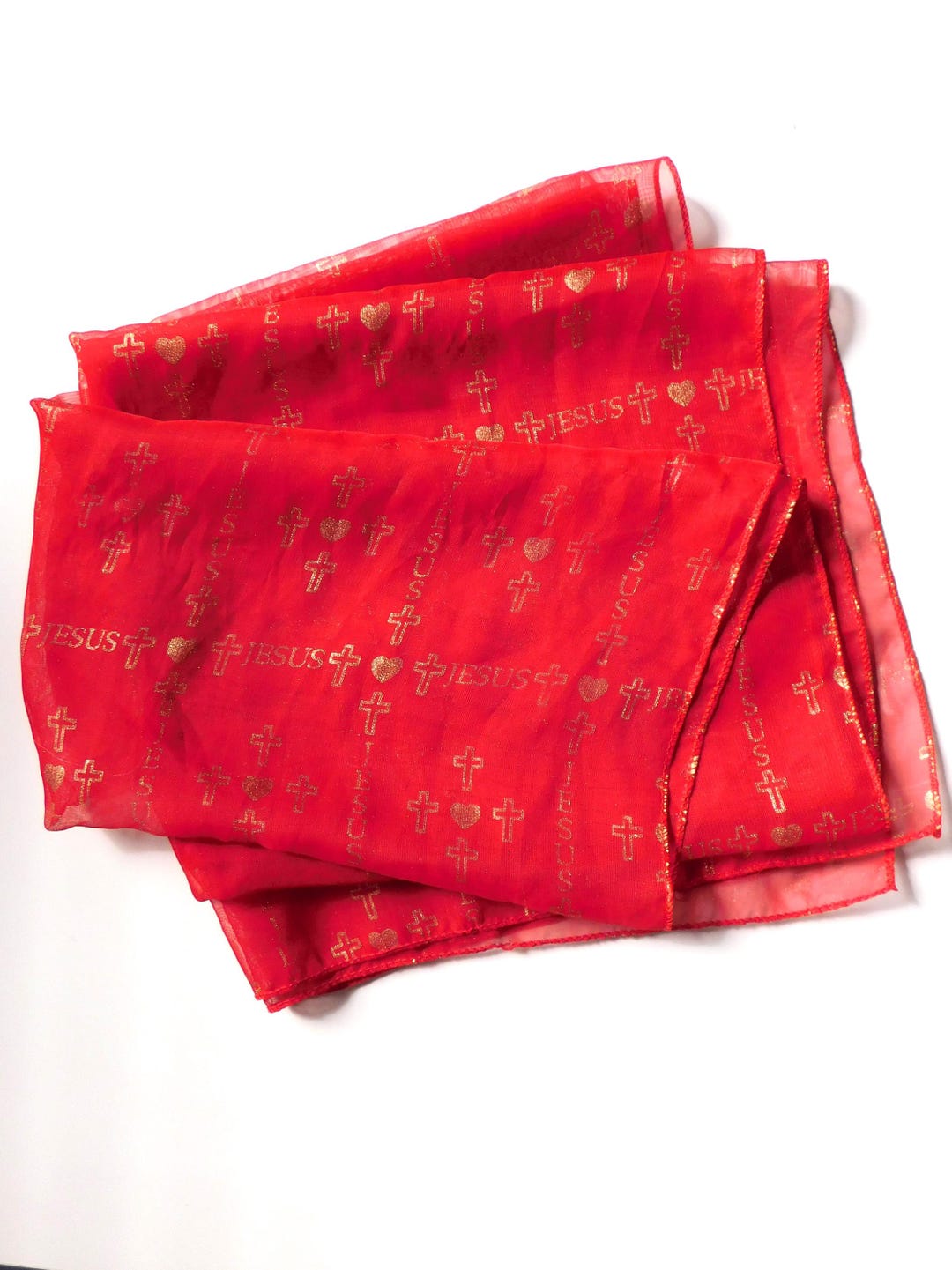 Vintage Sheer Red Dress Scarf \ Golden Sparkling Hearts Crosses and ...